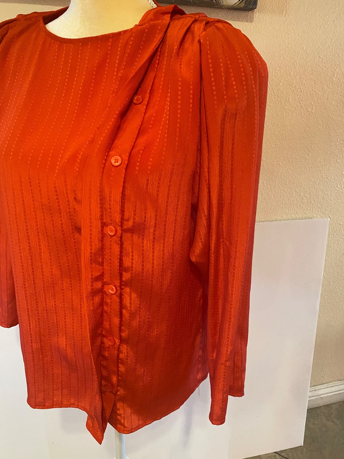 Halston III Red Satin Ribbed Blouse Long Sleeve Bow … - Gem