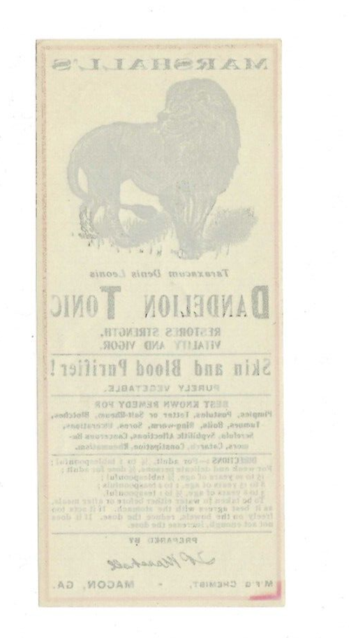 Old Unused Quack Medicine Label Marshall's Dandelion Tonic Blood Macon ...