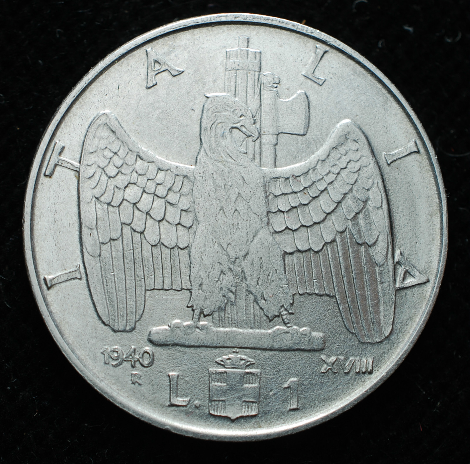 1940 Kingdom Italy 1 Lira Fascist Eagle WWII King Vittorio Emanuele III ...