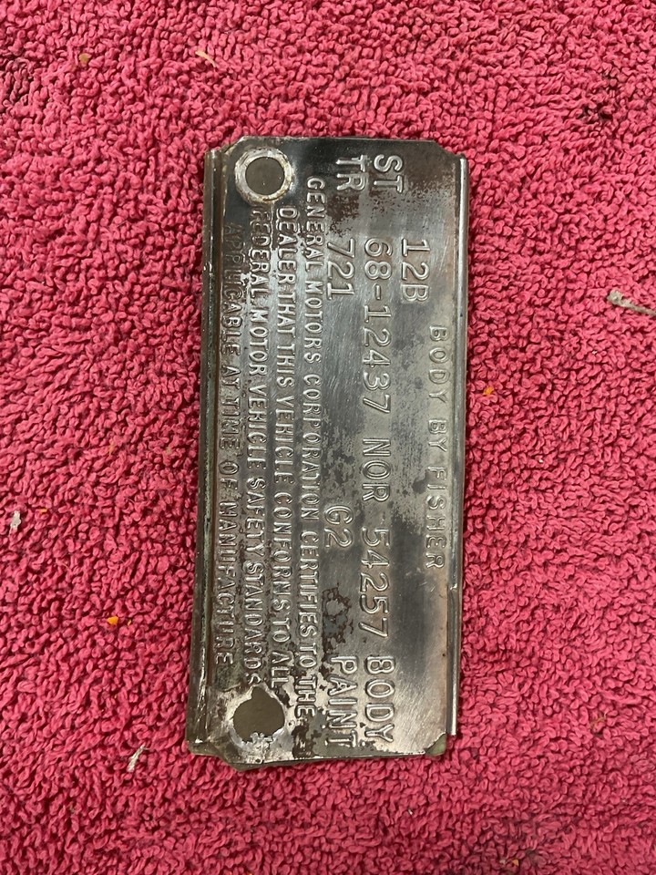 1968 Chevy Camaro Cowl Tag | eBay