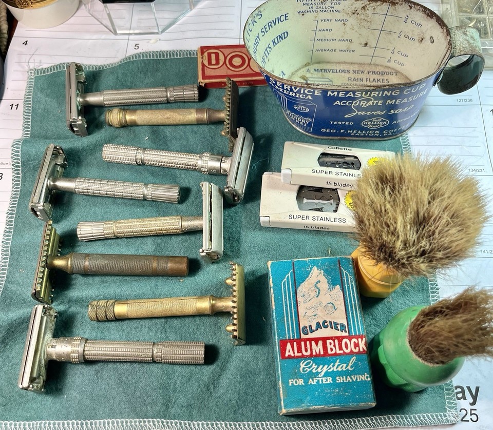 Lot Of 8 Antique Safety Razors Gillette Bakelite Shave Brushes blades ...