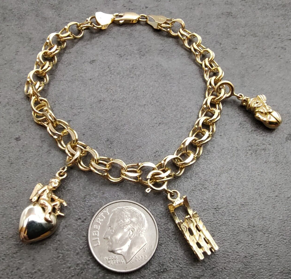 Estate CPT Peru 14K Yellow Gold Double Link Charm Bracelet & 3 Charms 8 ...