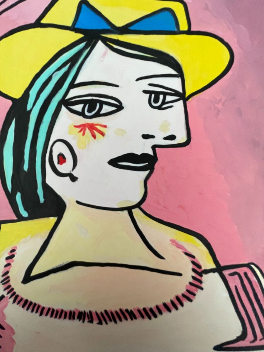 Signed Picasso Watercolor on Paper, Woman w Yellow Hat 10.75 Signed Picasso Watercolor on Paper, Woman w Yellow Hat 10.75