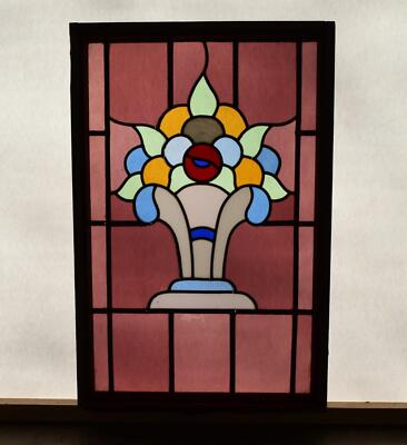Framed Vintage French Stained Glass Panel with Flowers/Vase and Leaded ...