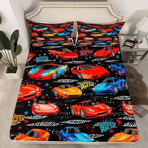 Race Car Fitted Sheet Set for Teens and Kids - Twin Size Sports Bedding ...
