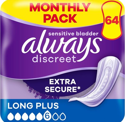Always Discreet Long Plus Incontinence Pads 64‑Count – Extra Absorbent ...