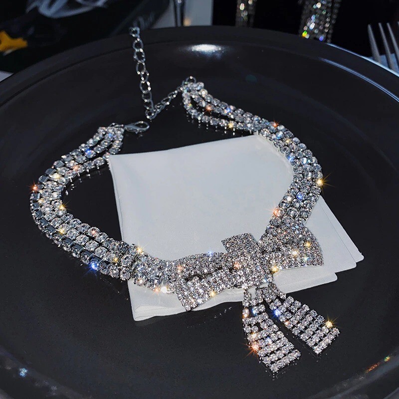 Crystal Bow Necklace Long Full Rhinestone Pendant Necklace Rhinestone ...