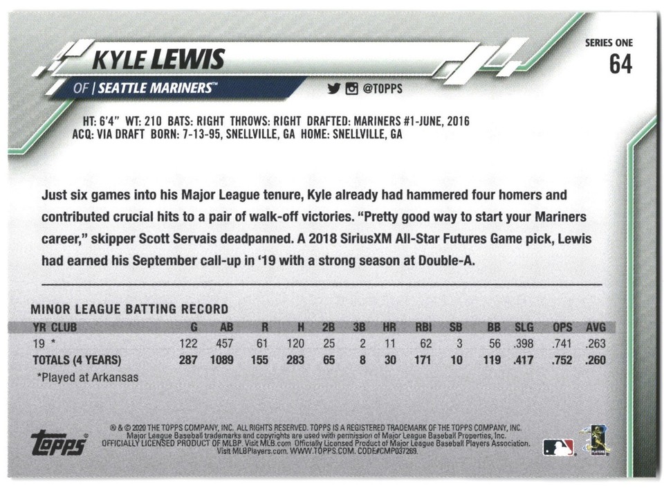 2020 Topps Series One Kyle Lewis Rookie Card Seattle Mariners #64 | eBay