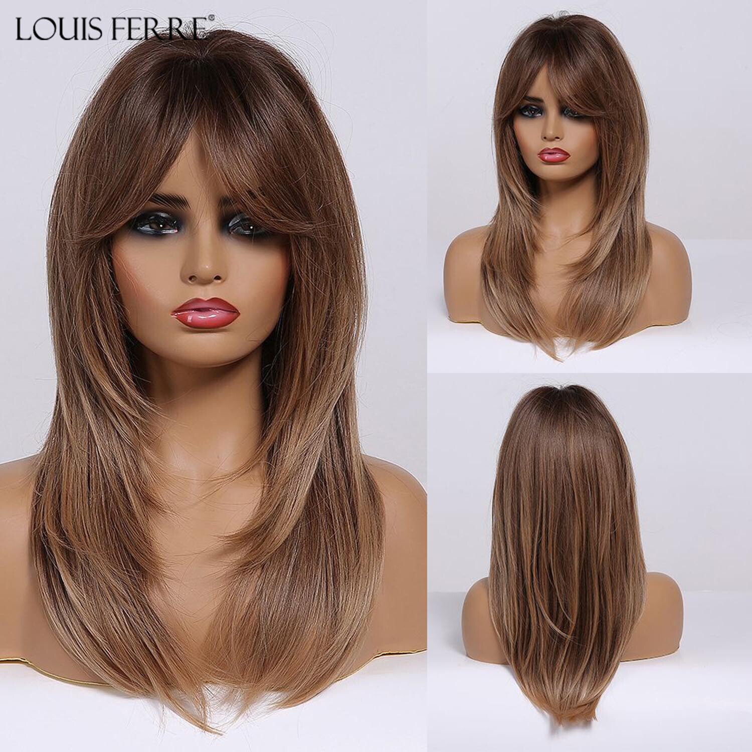 Natural Straight Layered Hair Wigs With Long Bangs for Women Ombre ...