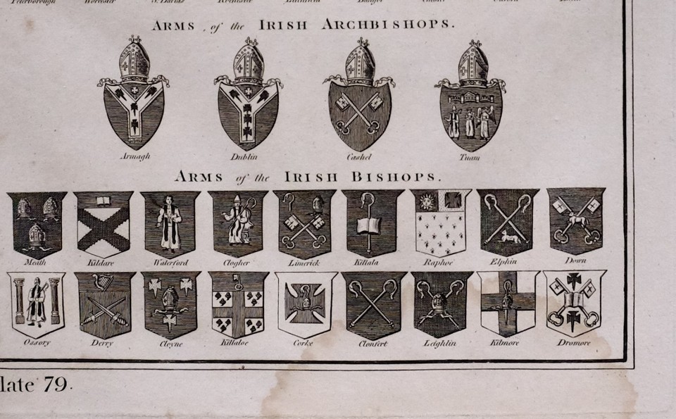1788 ORIGINAL PRINT HERALDRY ARMS OF ENGLISH BISHOPS TABLE OF HOUSES ...