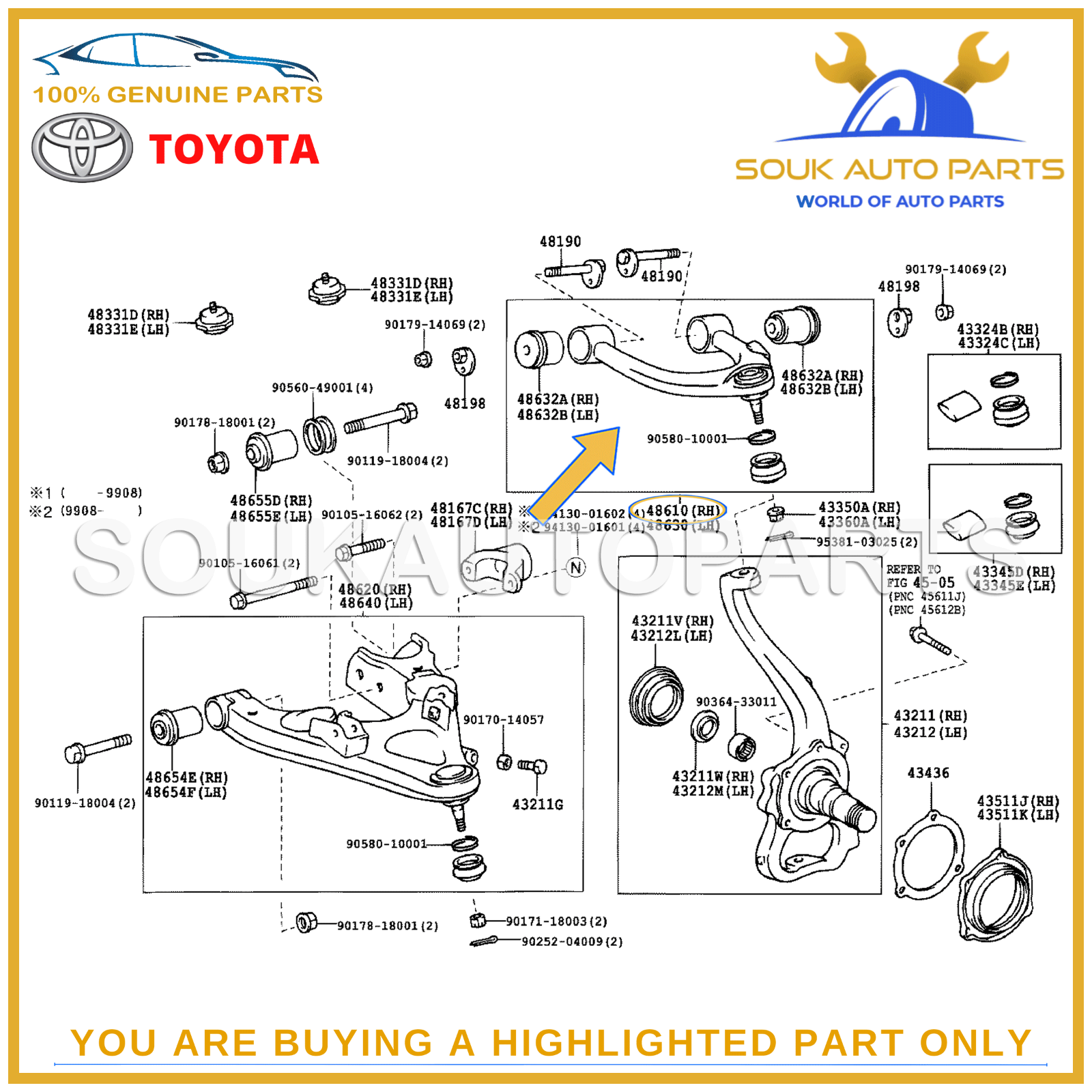 48610-60030 Genuine Toyota ARM ASSY, FRONT SUSPENSION UPPER, RH ...