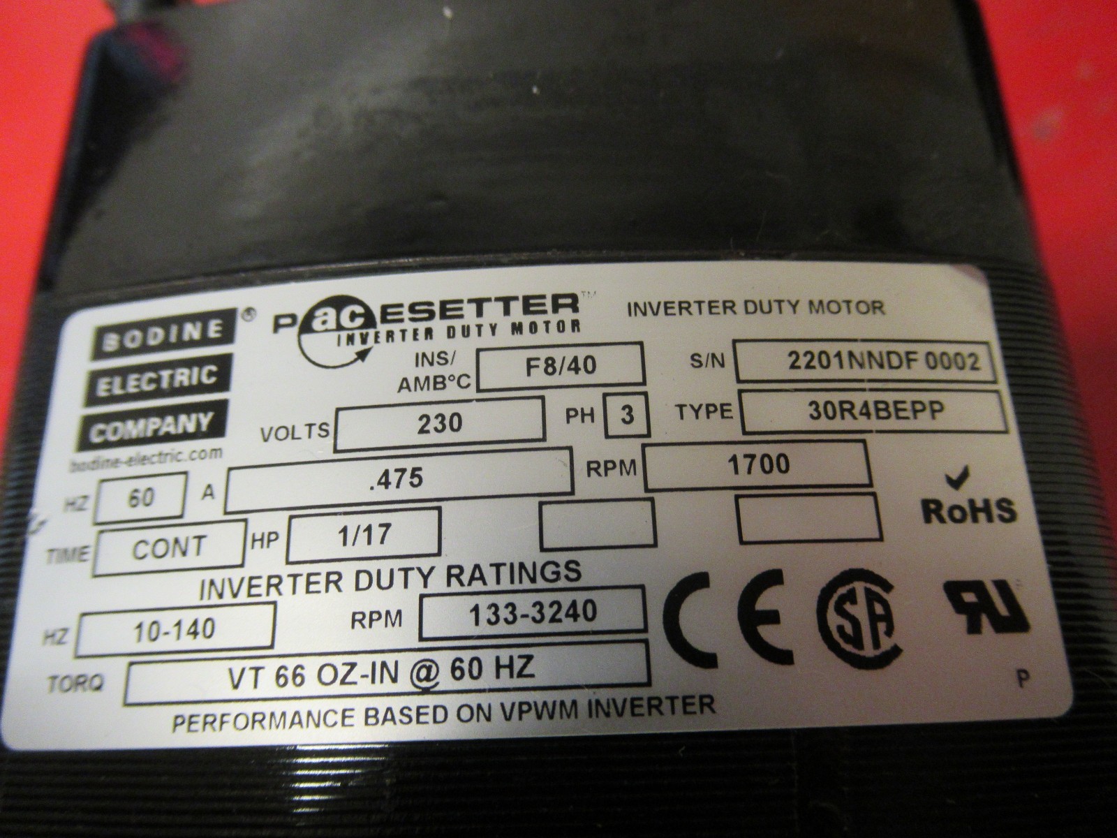 BODINE INVERTER DUTY MOTOR 30R4BEPP 230V VOLT 0.475A A AMP 1700 RPM 1/ ...