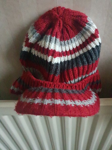Lovely Warm Red, White and Grey Stripe Matalan Cap Hat, size 12-23 ...