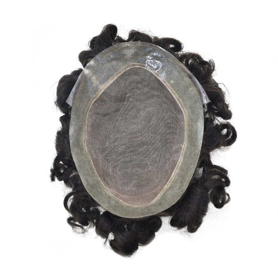 Curly Toupee for Black Men Human Hair System Fine Mono Poly Mens Wigs ...