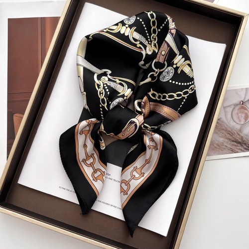 Black Gold Equestrian Chain Print Scarf Silk Feel Square 27.5 inch ...