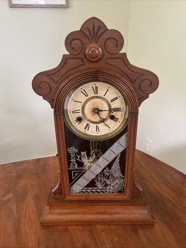 William L Gilbert Parlor Key Wind Mantle Clock w/ Etched Glass & Brass ...