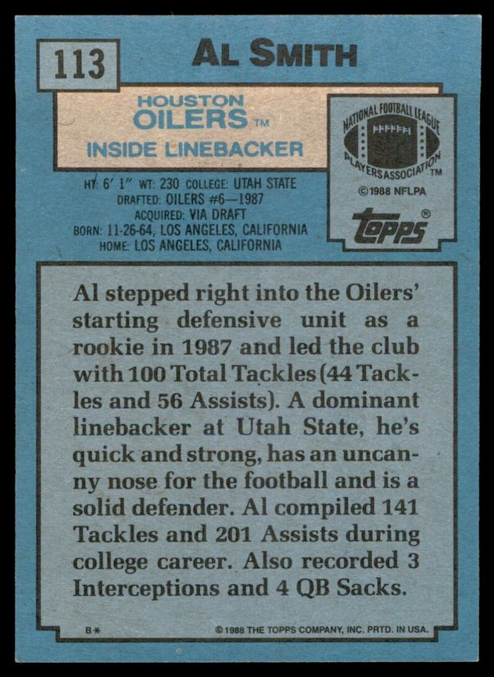 1988 Topps Al Smith Rookie . Houston Oilers #113 | eBay