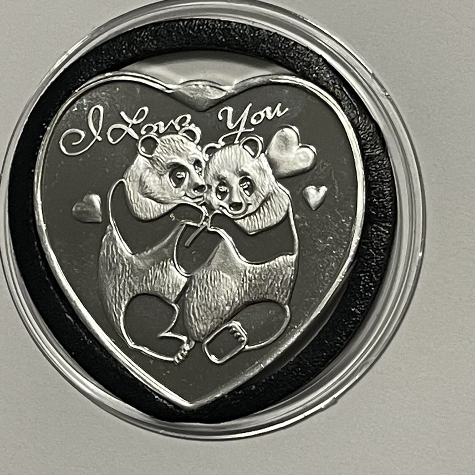 I Love You Panda Bears Heart Shaped Coin 1 Troy Oz .999 Fine Silver ...