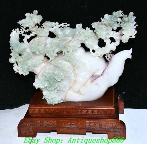 18.3''Old China Natural White Jade Carved Plum Blossom Flower Birds ...