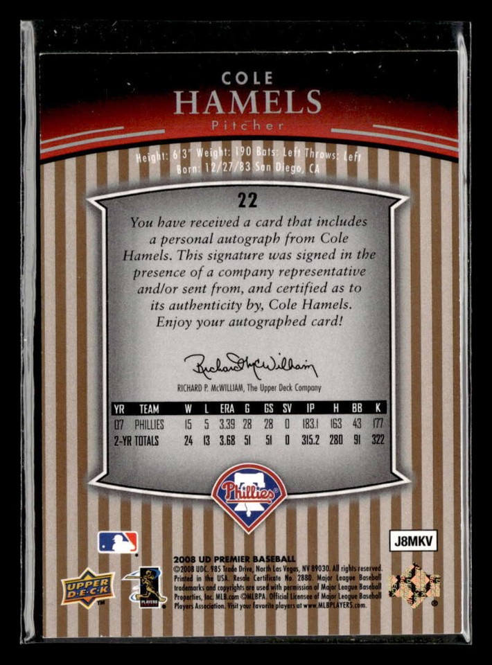2008 Upper Deck Premier Cole Hamels Autograph Auto /25 ZK2351 | eBay