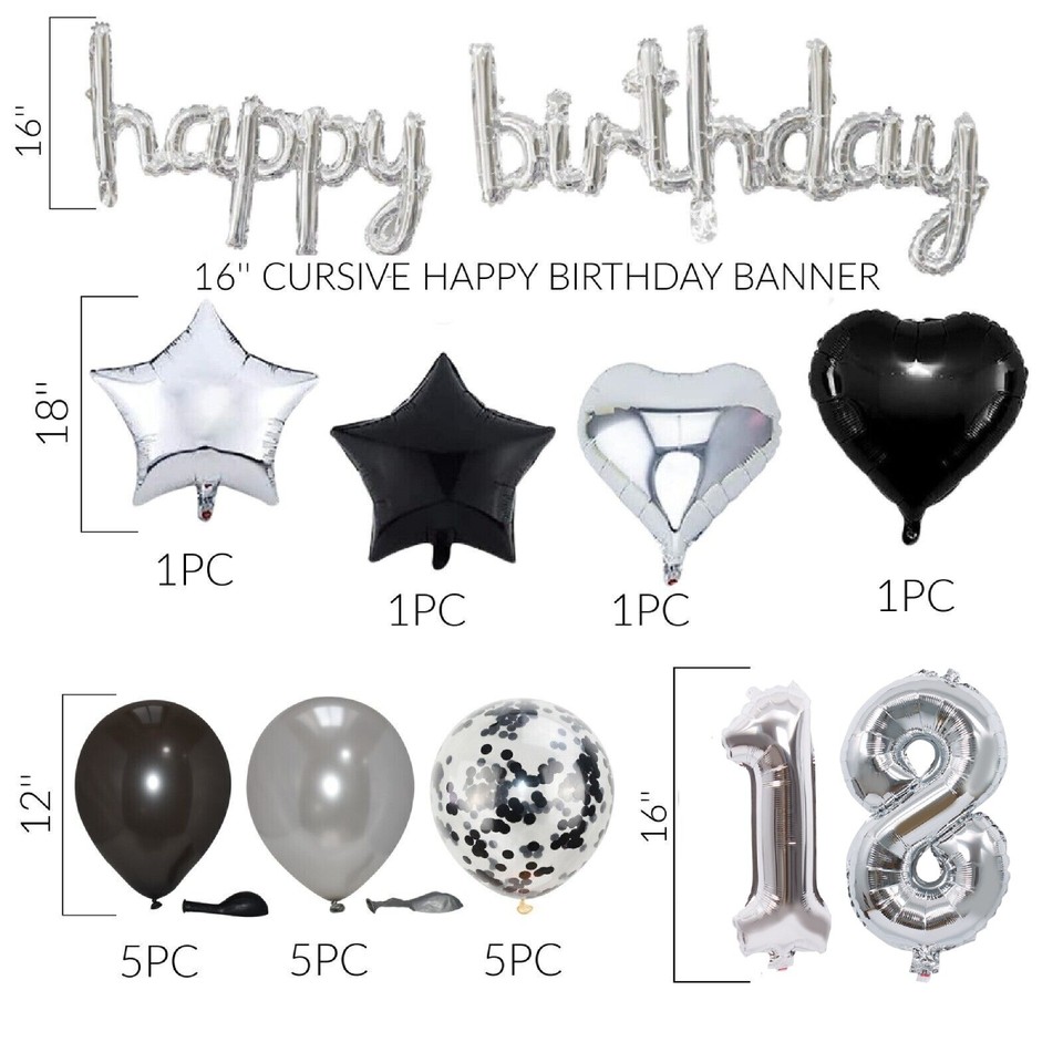 Happy Birthday Balloons Silver 18th Balloon Cursive Banner Foil Party ...