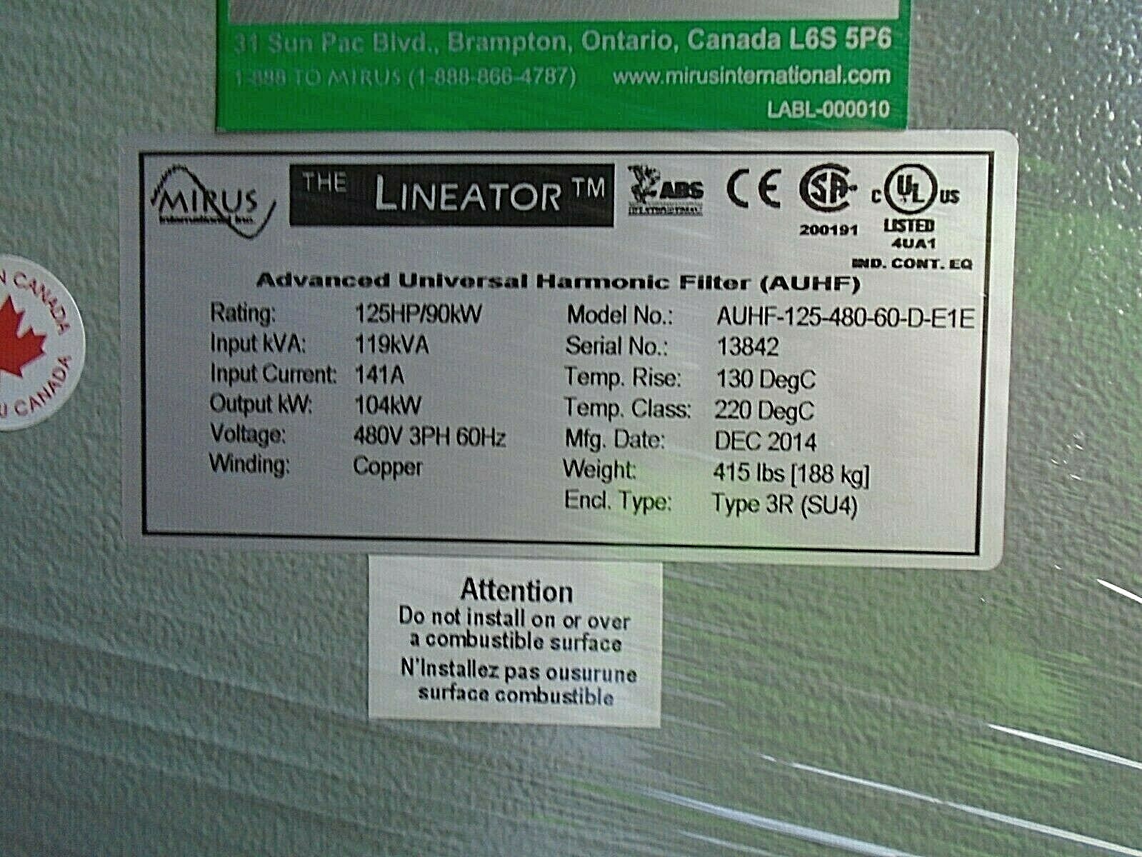 MIRUS INTERNATIONAL AUHF-125-480-60-D-E1E A Lineator Harmonic Filter ...