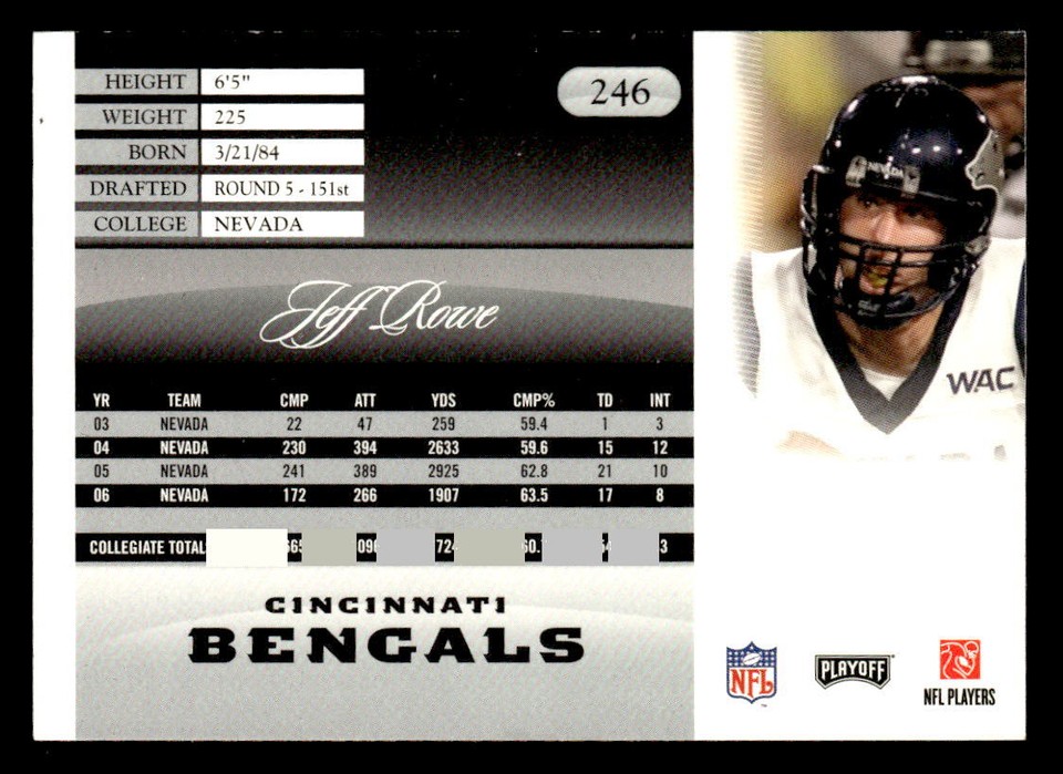 Jeff Rowe 2007 Playoff Prestige Rookie Card #246 Cincinnati Bengals ...