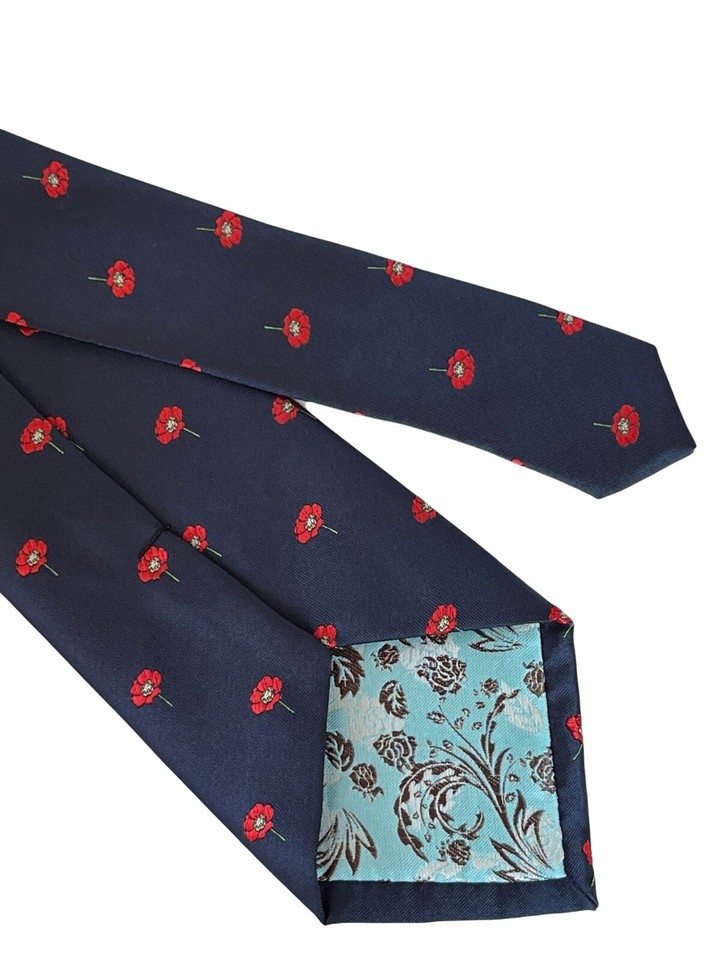 Frederick Thomas Designer navy blue tie with red poppy design | eBay UK
