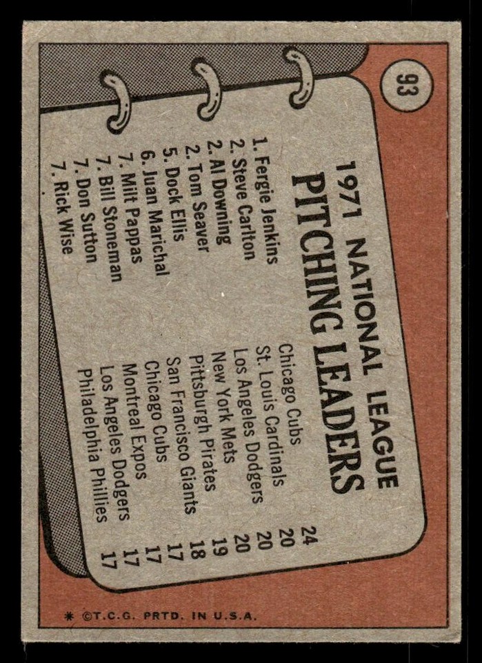 1972 TOPPS TOM SEAVER 93 VG LEADERS FERGIE JENKINS STEVE CARLTON AL ...