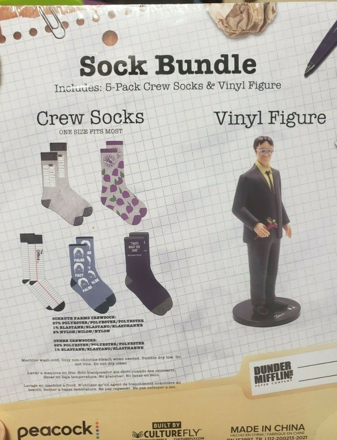 The Office 5 Pack Crew Socks Bundle Gift Pack w/ Dwight Shrute Vinyl ...