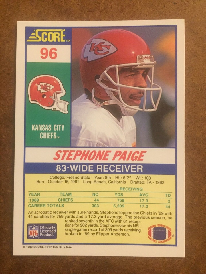 Stephone Paige 96 Score 1990 NFL Football Trading Card | eBay