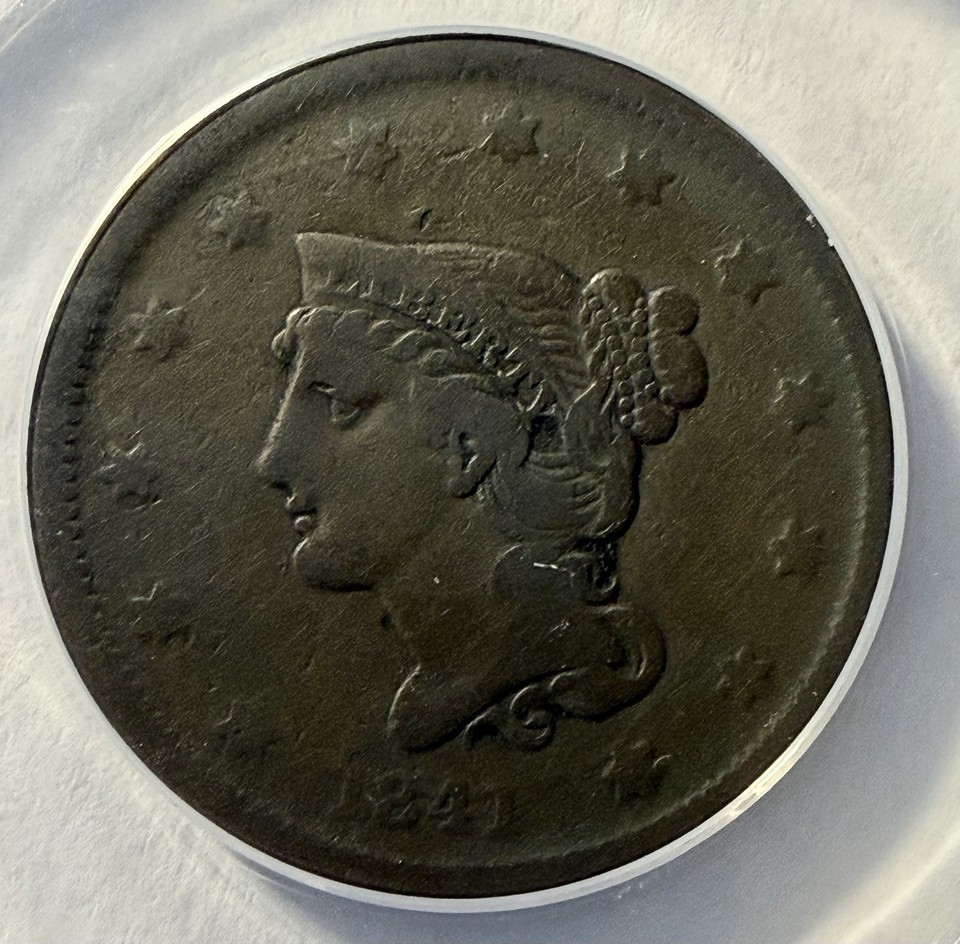 1841 Braided Hair Large Cent Graded Fine 12 by ANACS Copper Historical ...