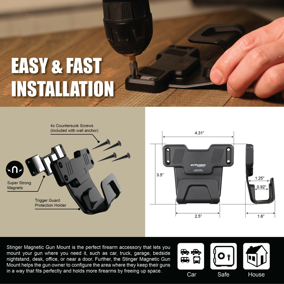 Stinger Magnetic Gun Firearm Mount Holder with Safety Trigger Guard ...