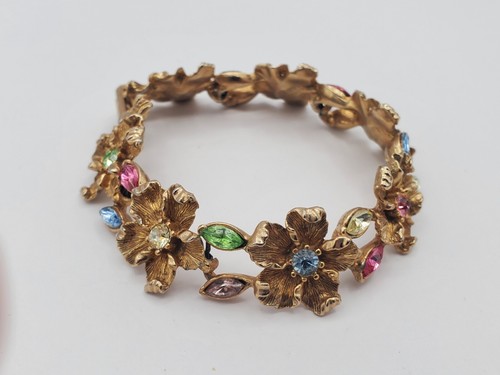 Vintage Jewelry Bracelet Gold Multicolor Rhinestone Flower Women ...