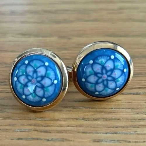 Okura Toen Ceramic Cufflinks Flower Pattern Used 2cm Pink Green White ...
