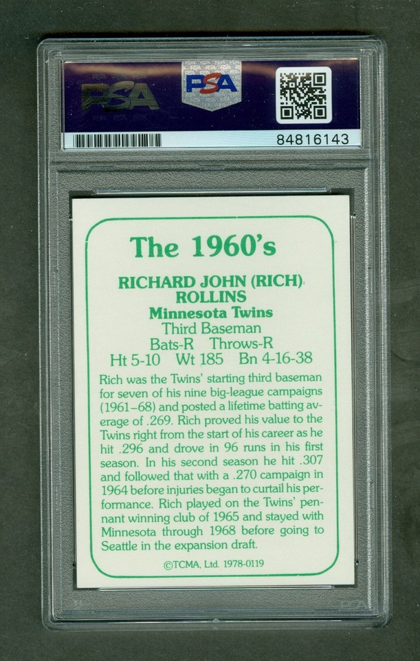 Rich Rollins 1978 TCMA Stars of 1960's card Twins PSA/DNA Encased ...