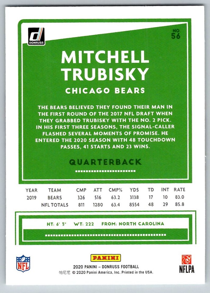 2019 DONRUSS MITCHELL TRUBISKY CHICAGO BEARS #56 | eBay