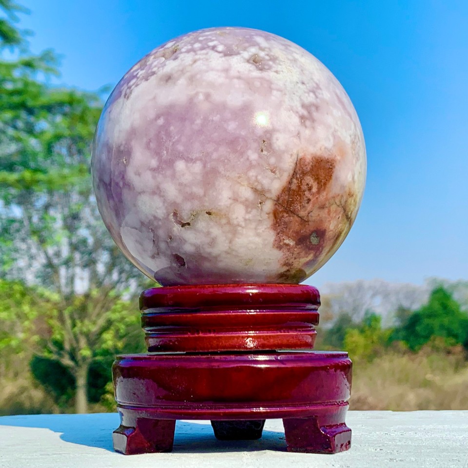2.96LB Natural Pink Cherry Blossom Agate Geode Quartz Sphere Crystal ...