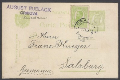 AOP Romania 1907 5b green postal card uprated 5b green to Salzburg ...