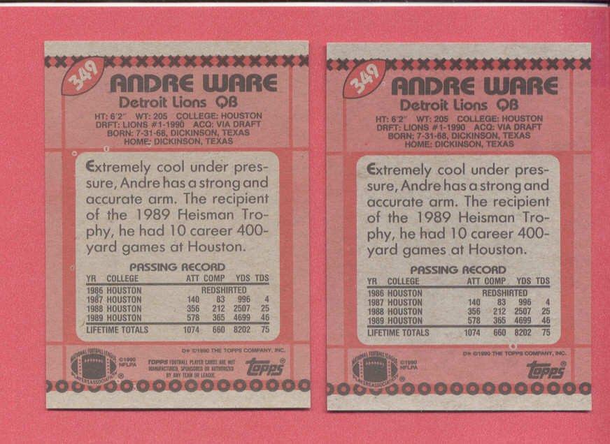 1990 Topps ANDRE WARE Detroit Lions Rookie Card Lot both Disclaimer ...