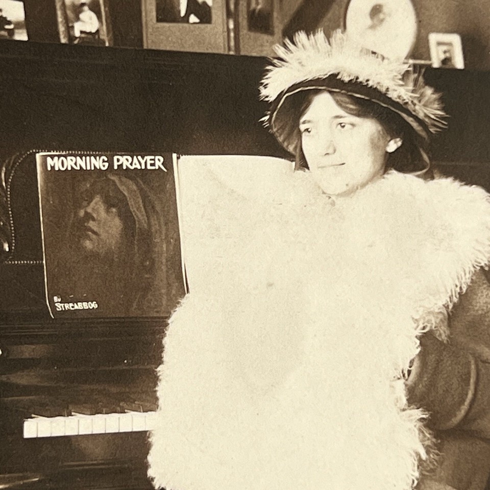 Antique Snapshot Photograph Beautiful Woman Piano Morning Prayer Book ...