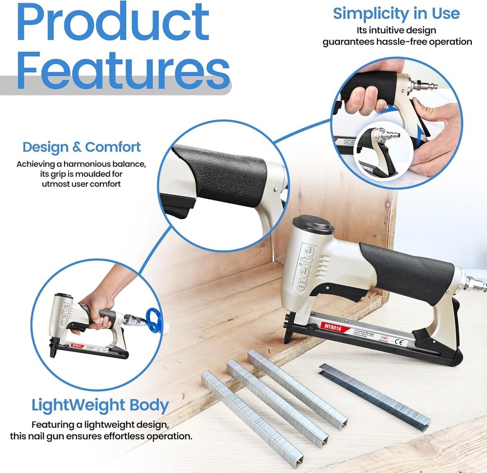 meite MT8016 Pneumatic Staple Gun 21 Gauge 1/2 inch Crown 1/4" to 5/8 ...