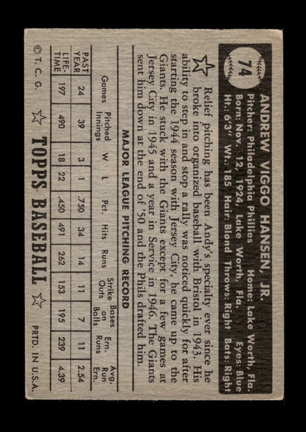1952 Topps Set-Break # 74 Andy Hansen VG-VGEX (black back) *GMCARDS* | eBay