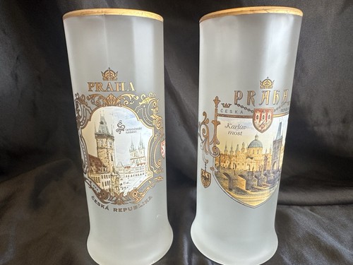 2 x Prague Czech Republic frosted painted Beer Steins glasses half pint ...