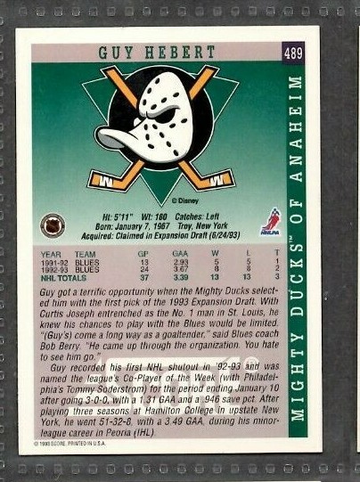 1993-94 Score #489 Guy Hebert Anaheim Ducks Card Signed Autograph | eBay