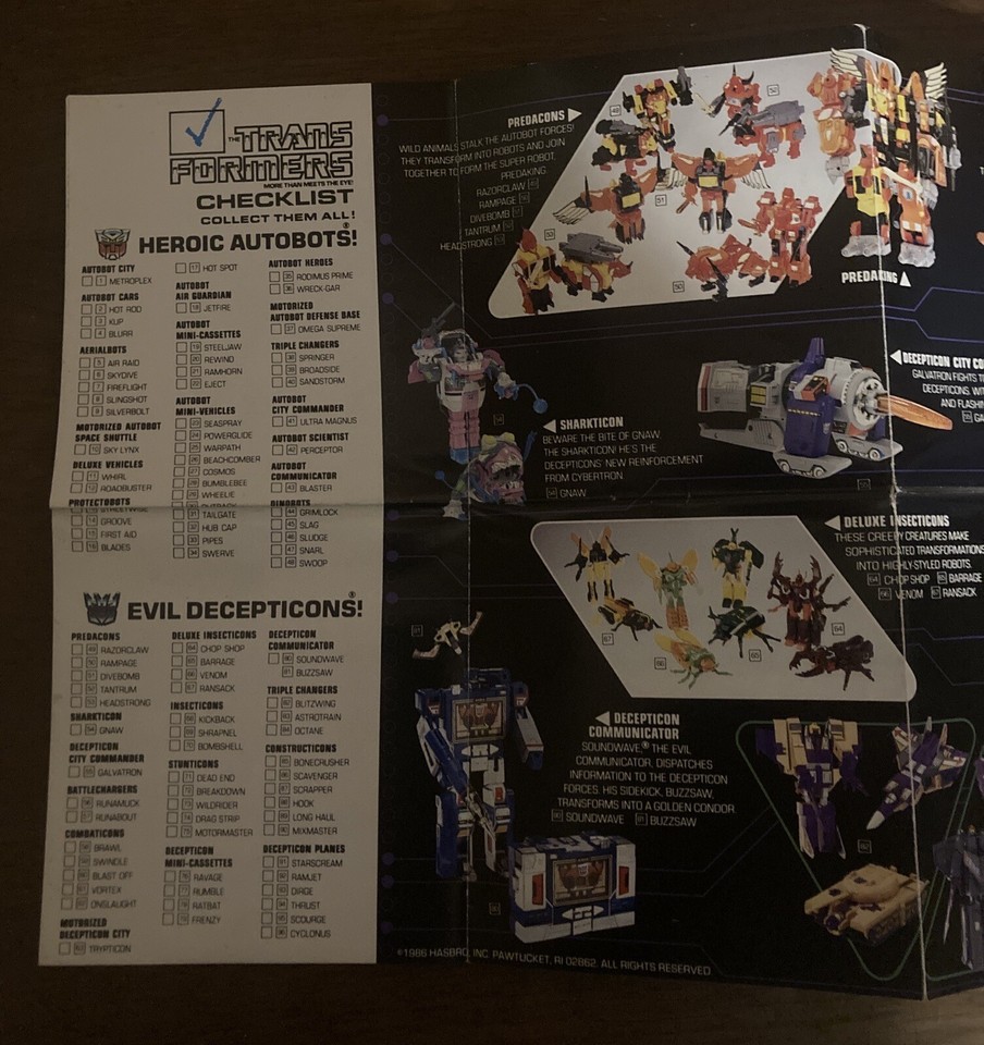 Transformers Original G1 1986 Box Insert Catalog Checklist Form | eBay