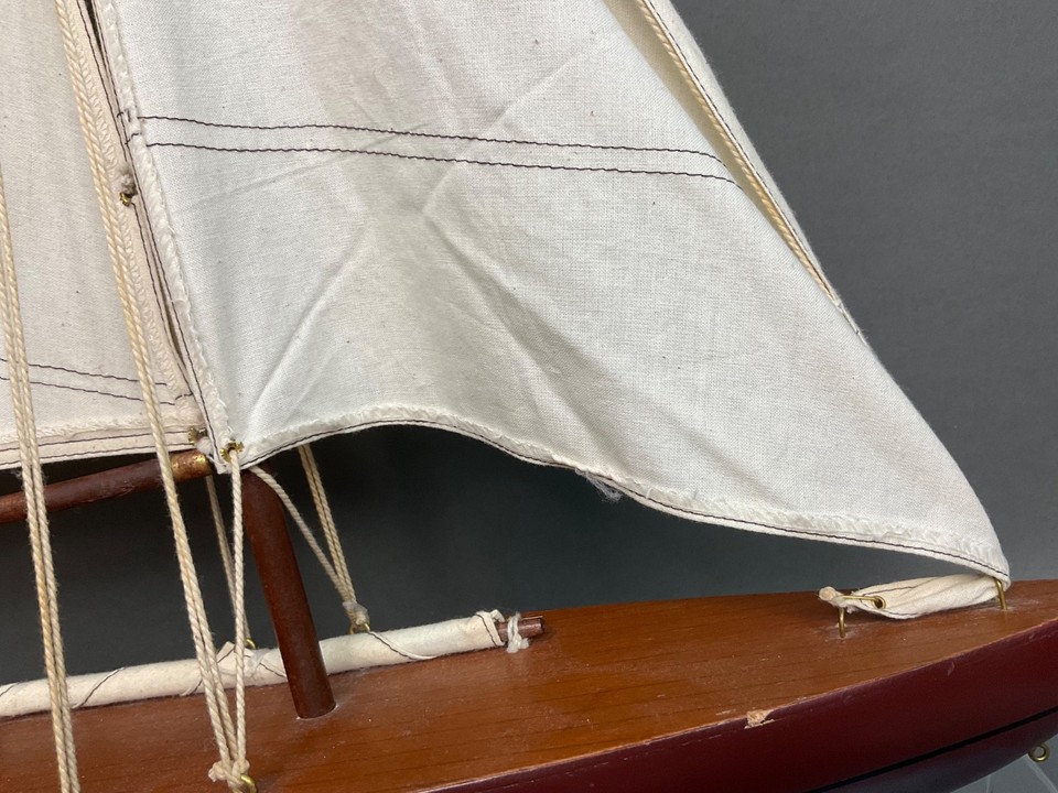 Lg Vintage Wooden Pond Yacht Model Sailboat w/ Sail Cloth 24" Long X 30 ...