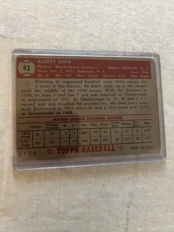 1952 Al Sima Washington Senators Topps Baseball Card #93 | eBay