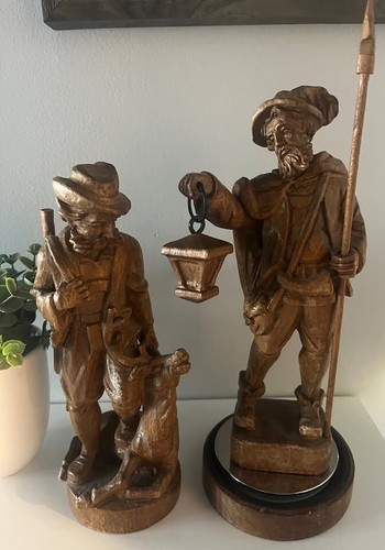 Natural Wood Carved German Statues Set of 2 Hunter & His Watchman | eBay