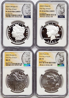 4 coin set 2024 morgan and peace silver dollars ngc ms pf 70 first day ...